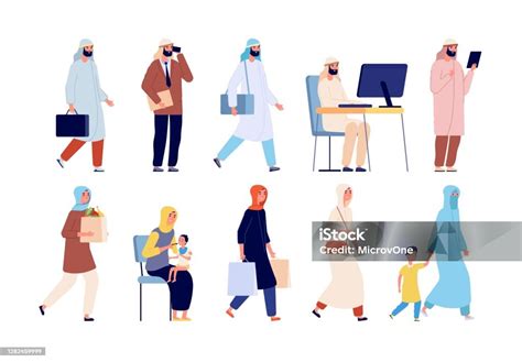 아랍 문자 사우디 기업인 무슬림 여성 남자 그룹 고립 된 이슬람 사람 착용 전통적인 아라비아 의류 벡터 일러스트 이슬람교에 대한 스톡 벡터 아트 및 기타 이미지 Istock