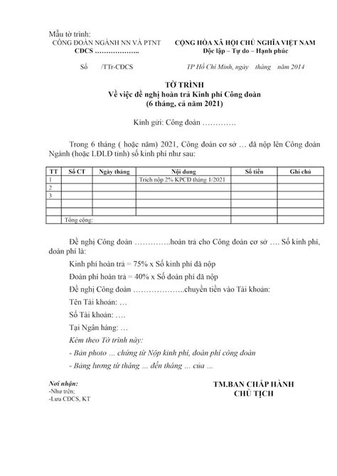 Hồ sơ xin hoàn lại kinh phí và đoàn phí công đoàn