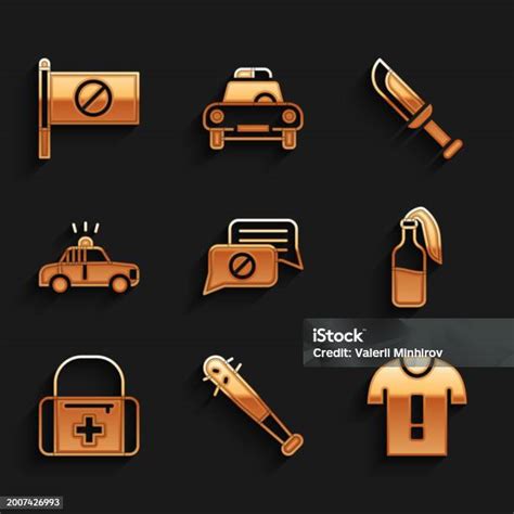 말풍선 채팅 손톱이 달린 야구 방망이 티셔츠 시위 칵테일 화염병 구급 상자 경찰차와 노출증 군용 칼 및 항의 아이콘을 설정합니다 벡터 Brand Name Online