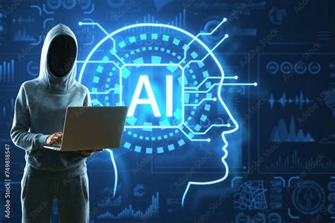 Hacker With Laptop And Creative Glowing Digital Brain Hologram On Blurry Background Ai Hacking