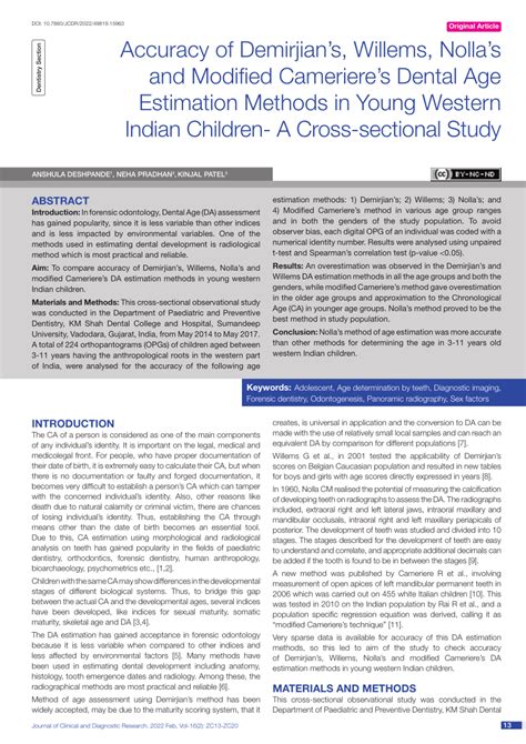 Pdf Accuracy Of Demirjians Willems Nollas And Modified Camerieres Dental Age Estimation