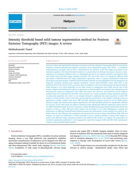 Pdf Intensity Threshold Based Solid Tumour Segmentation Method For Positron Emission