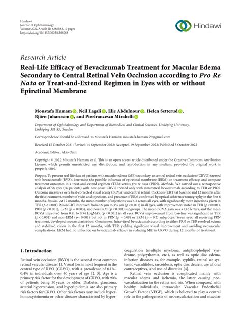 Pdf Real Life Efficacy Of Bevacizumab Treatment For Macular Edema Secondary To Central Retinal