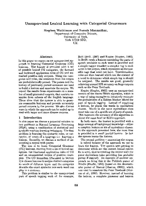 Pdf Unsupervised Lexical Learning With Categorial Grammars Using The Lll Corpus