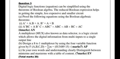 Solved Question 3 Digital Logic Functions Equation Can Be