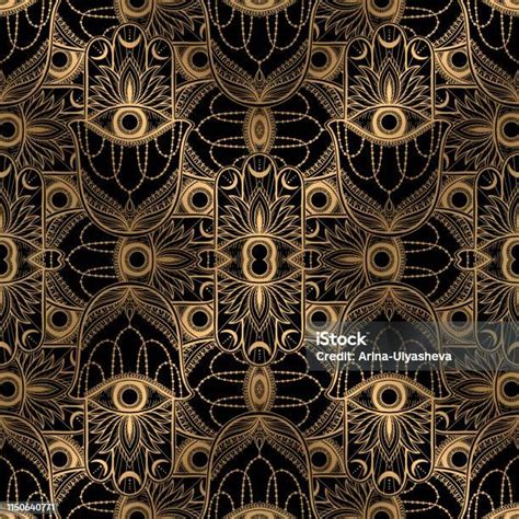 완벽 한 패턴 함 사 부적 종교 아시아 흰색 바탕에 골드 컬러 그래픽 악마의 눈에 대 한 보호와 부적의 상징 문신 모티프 검은색에 대한 스톡 벡터 아트 및 기타 이미지