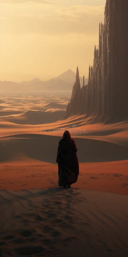 Serenity In Crimson A Vray Tracing Journey Of A Cloaked Man In The Desert Stock Illustration