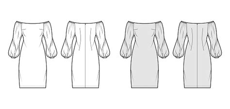 드레스 오프 숄더 바르도 테크니컬 패션 일러스트와 긴 퍼프 슬리브 핏 무릎 길이 연필 스커트 0명에 대한 스톡 벡터 아트 및