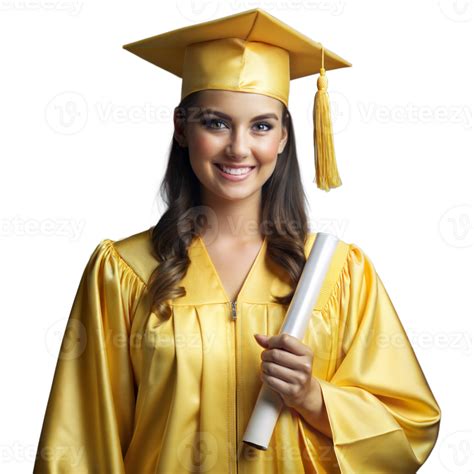 A Woman In A Yellow Graduation Gown Holding A White Graduation