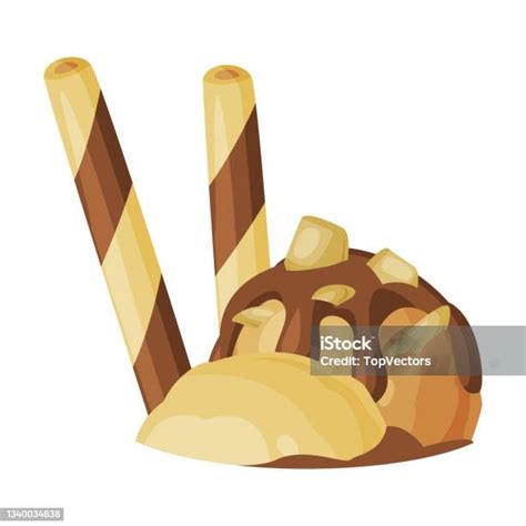 초콜릿 토핑과 웨이퍼 롤 벡터 일러스트와 아이스크림의 캐러멜 공 냉동식품에 대한 스톡 벡터 아트 및 기타 이미지 냉동식품 달콤한 음식 독일 Istock
