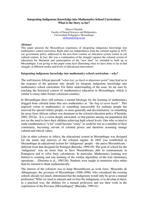 Pdf Integrating Indigenous Knowledge Into Mathematics School Curriculum What Is The Story So Far