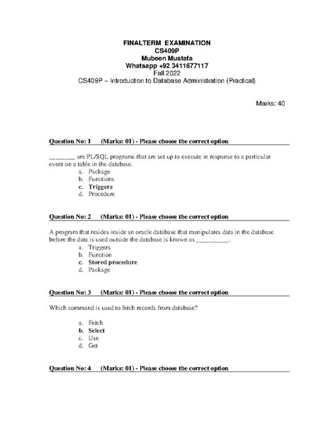 Final Term Exam Questions And Answers For Cs409p Database