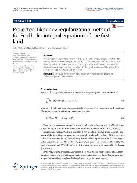 Pdf Projected Tikhonov Regularization Method For Fredholm Integral