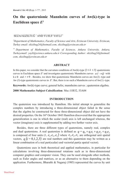pdf on the quaternionic mannheim curves of aw k type in euclidean