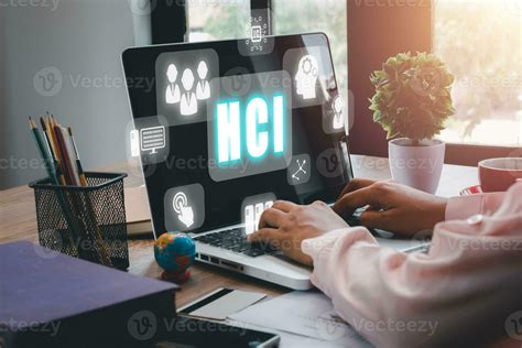 Hci Concept Human Computer Interaction Person Hand Using Computer On Office Desk With Hci Icon