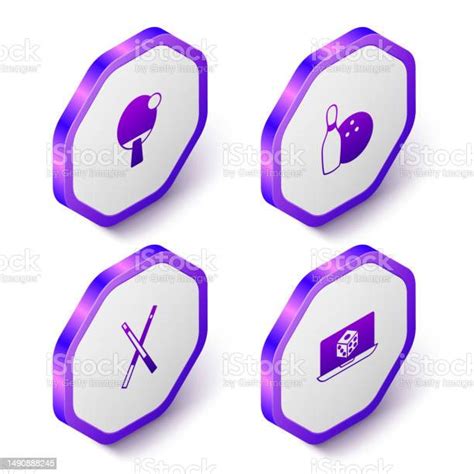 아이소메트릭 라켓 볼링 핀과 공 교차 당구 큐 및 게임 주사위 아이콘을 설정합니다 보라색 육각형 버튼 벡터 3차원 형태에 대한 스톡 벡터 아트 및 기타 이미지 Istock