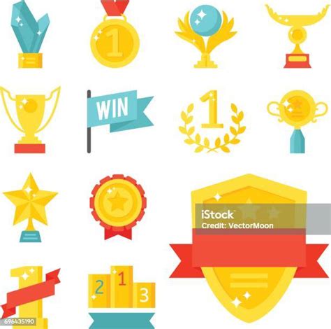 벡터 트로피 챔피언 컵 플랫 아이콘 우승자 금 상 수상 스포츠 성공 최고의 승리 황금 그림 아이콘에 대한 스톡 벡터 아트 및