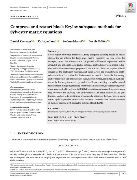 Pdf Compress‐and‐restart Block Krylov Subspace Methods For Sylvester