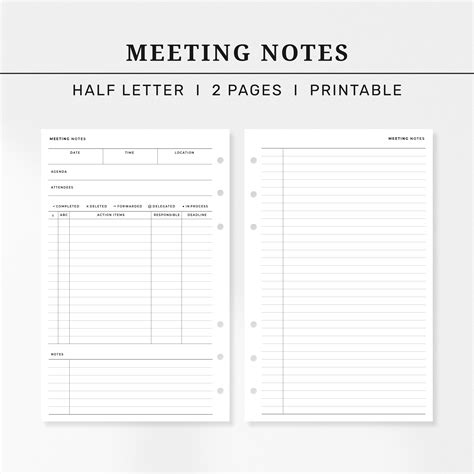 Notes Template Templates Time Management Project Management A5 Inserts Meeting Notes