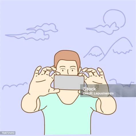 스마트폰으로 사진을 찍는 청년 셀카 찍기 벡터 그림입니다 개성 개념에 대한 스톡 벡터 아트 및 기타 이미지 개성 개념 과시함 동작 활동 Istock