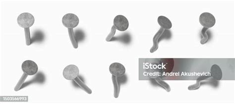 3d 렌더링 철제 못 벽에 박힌 철제 못 강철 핀 머리가 있는 직선 및 구부러진 금속 하드웨어 스파이크 흰색 배경 평면도에 격리된 물결 곡선 모양의 손톱 사실적인 아이콘