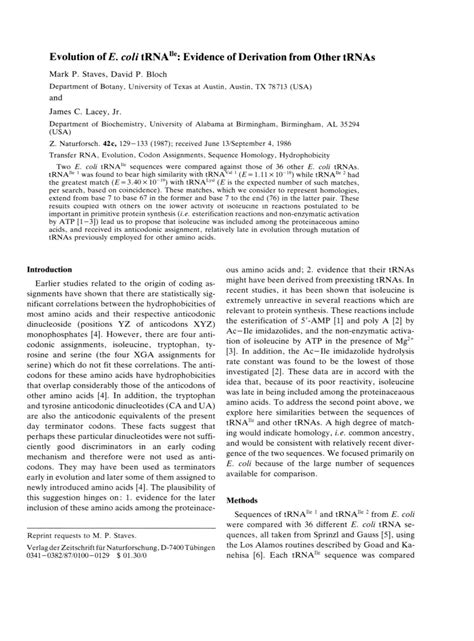 Pdf Evolution Of E Coli Trnaile Evidence Of Derivation From Other Trnas