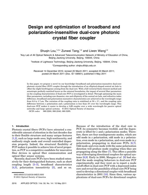 Pdf Design And Optimization Of Broadband And Polarization Insensitive Dual Core Photonic
