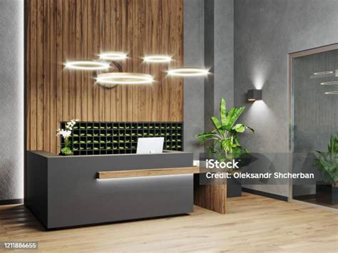 목재 패널과 탁 트인 창문 나무 바닥 피트니스 센터 프런트 데스크 3d 렌더링이 있는 피트니스 센터의 리셉션 데스크가 있는 현대적인 홀 인테리어 체육관에 대한 스톡 사진 및