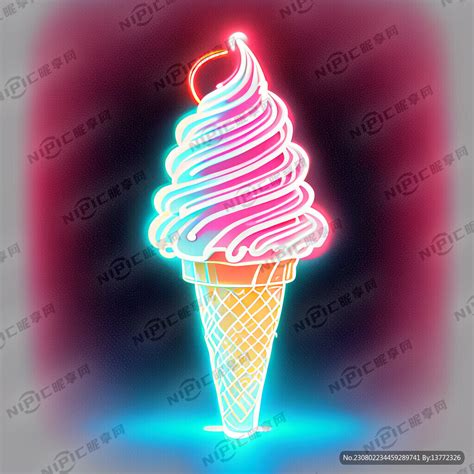 Ai创作图线性元素 冰淇淋 霓虹灯线性图 简笔 发光 白色 昵图网