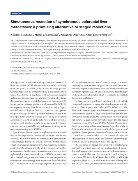 Pdf Simultaneous Resection Of Synchronous Colorectal Liver Metastases A Promising Alternative