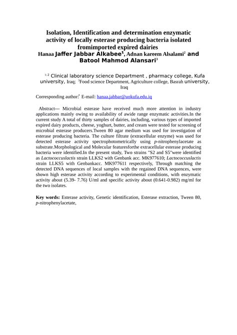 Pdf Isolation Identification And Determination Enzymatic Activity Of Locally Esterase