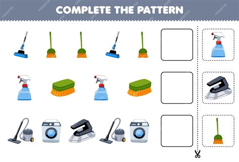어린이를 위한 교육 게임은 귀여운 만화 걸레 빗자루 분무기 브러시 진공 청소기 세탁기 다리미 인쇄 가능한 워크시트에 대한 패턴을 완료합니다 프리미엄 벡터