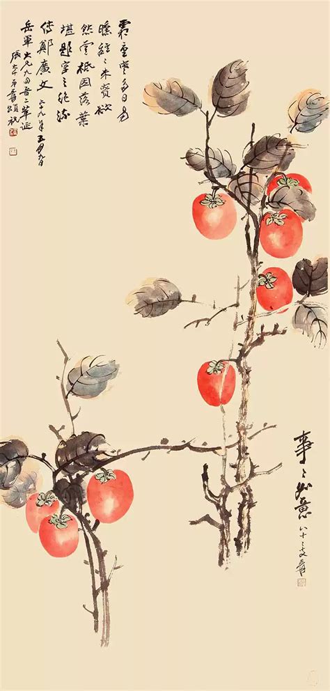 张大千国画事事如意条幅柿子挂画名家字画艺术微喷复制品宣纸画芯 Taobao 叶子 宣纸 字画