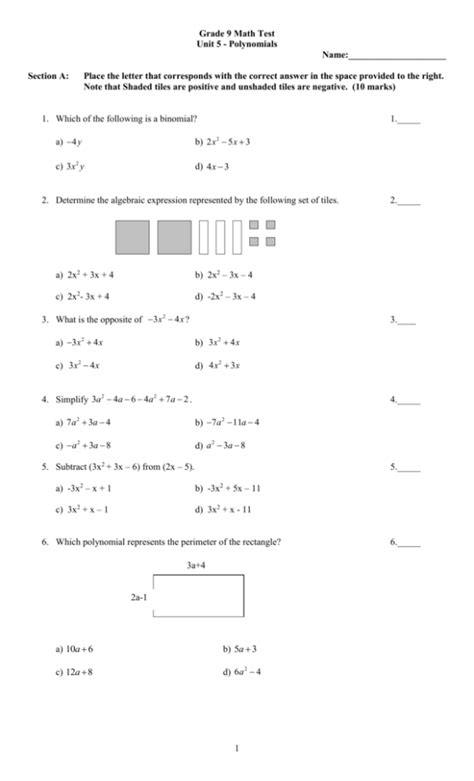 Grade 9 Math Test Polynomials Unit