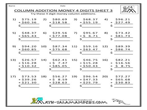 Column Addition Money 4 Digits Sheet 3 Worksheet For 3rd 4th Grade