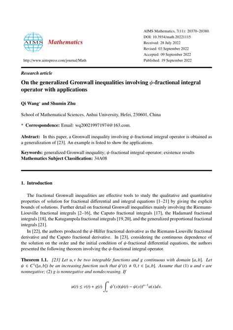 Pdf On The Generalized Gronwall Inequalities Involving Psi Fractional Integral Operator