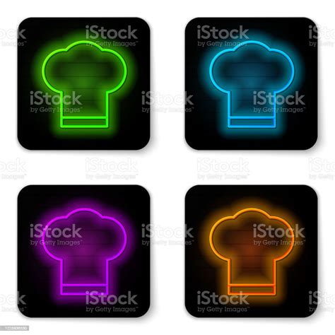 흰색 배경에 고립 빛나는 네온 라인 요리사 모자 아이콘입니다 요리 기호입니다 모자를 요리합니다 검은 정사각형 버튼 벡터 일러스트레이션 검은색에 대한 스톡 벡터 아트 및 기타