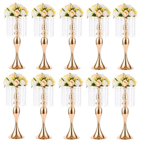 Sziqiqi Floral Centerpiece Riser Gold Tall Flower Centerpiece Stand With Crystal Beads For Event