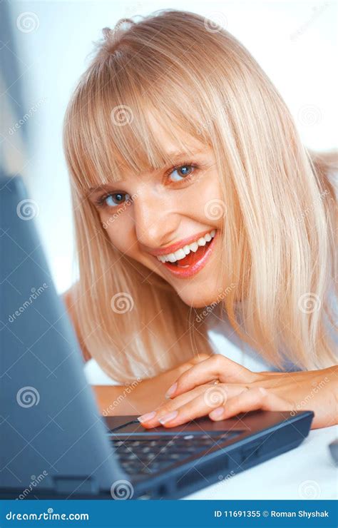 Close Up Of A Woman With Laptop Stock Image Image Of Casual Close 11691355