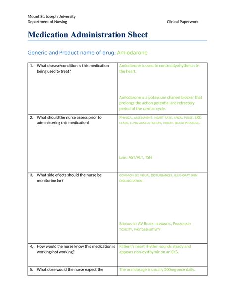 Amiodarone Med Sheets Mount St Joseph University Department Of