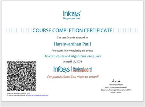 Completed Data Structures And Algorithms Course From Infosys