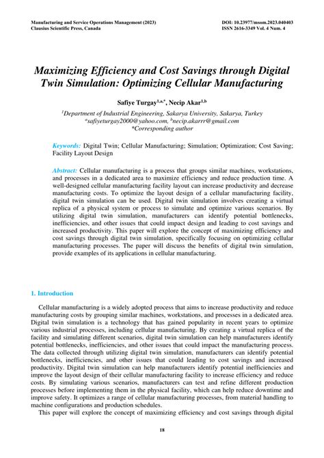 Pdf Maximizing Efficiency And Cost Savings Through Digital Twin Simulation Optimizing