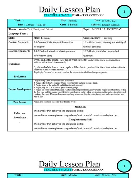 English Year 3 Lesson Plan Pdf Lesson Plan Teachers
