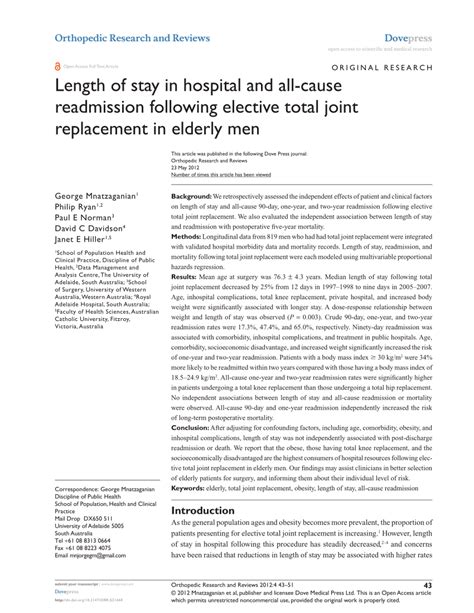 Pdf Length Of Stay In Hospital And All Cause Readmission Following Elective Total Joint