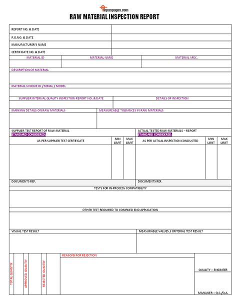 Raw Material Inspection Report Format