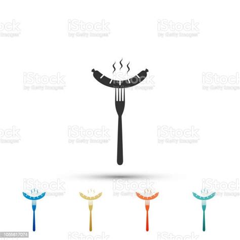 흰색 배경에 고립 된 포크 아이콘에 소시지입니다 컬러 아이콘에 요소를 설정 합니다 평면 디자인입니다 벡터 일러스트 레이 션