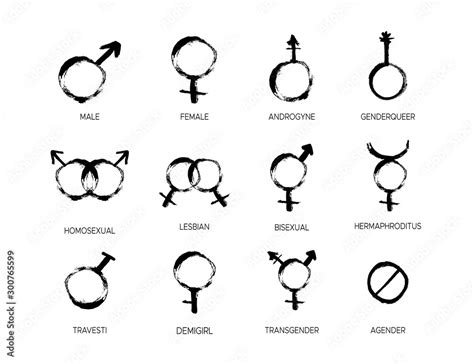 Grunge Gender Icon Set With Different Sexual Symbols Female Male Bisexual Agender