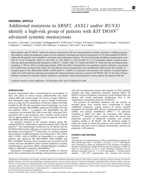Pdf Additional Mutations In Srsf2 Asxl1 Andor Runx1 Identify A High