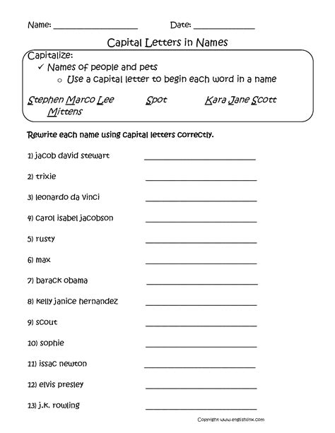 Capitalization Worksheets Names Capitalization Worksheets