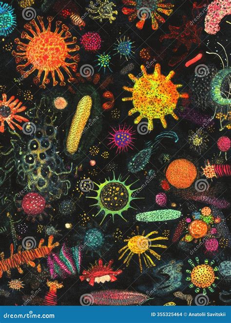 Diverse Array Of Colorful Bacteria And Microbes Illustrated Against A Dark Background Showcasing